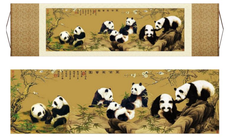 Handcrafted Silk Scroll - Pandas - Whatever Support Whenever